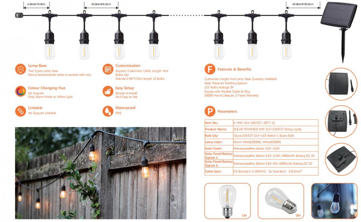 S14 Outdoor Solar Powered 16 - Bulb Globe String Light - wellinlighting